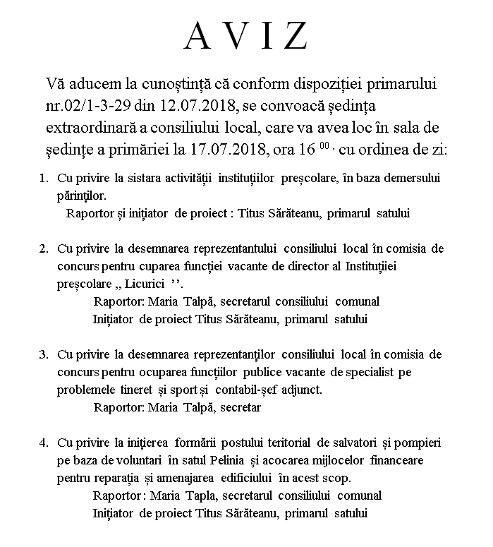 Aviz - Primăria Satului Pelinia